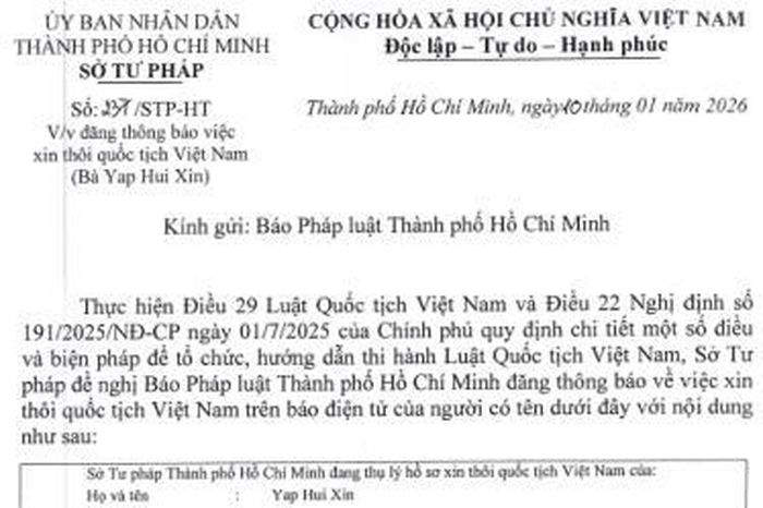 Thông báo Sở Tư pháp thôi quốc tịch Việt Nam của Yap Hui Xin - Báo Pháp ...